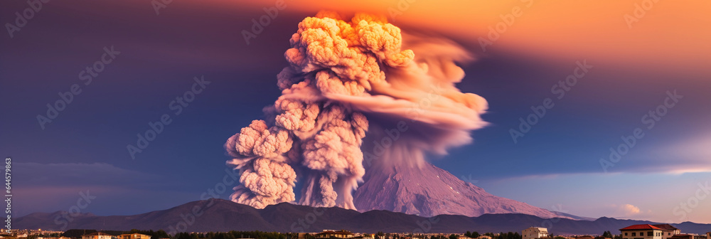 Breathtaking volcano eruption, magma flowing, ash cloud billowing ...