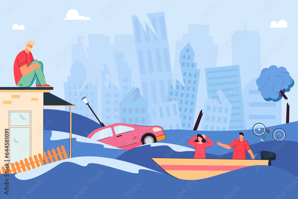 Scared man sitting on roof during flood vector illustration. Cartoon ...