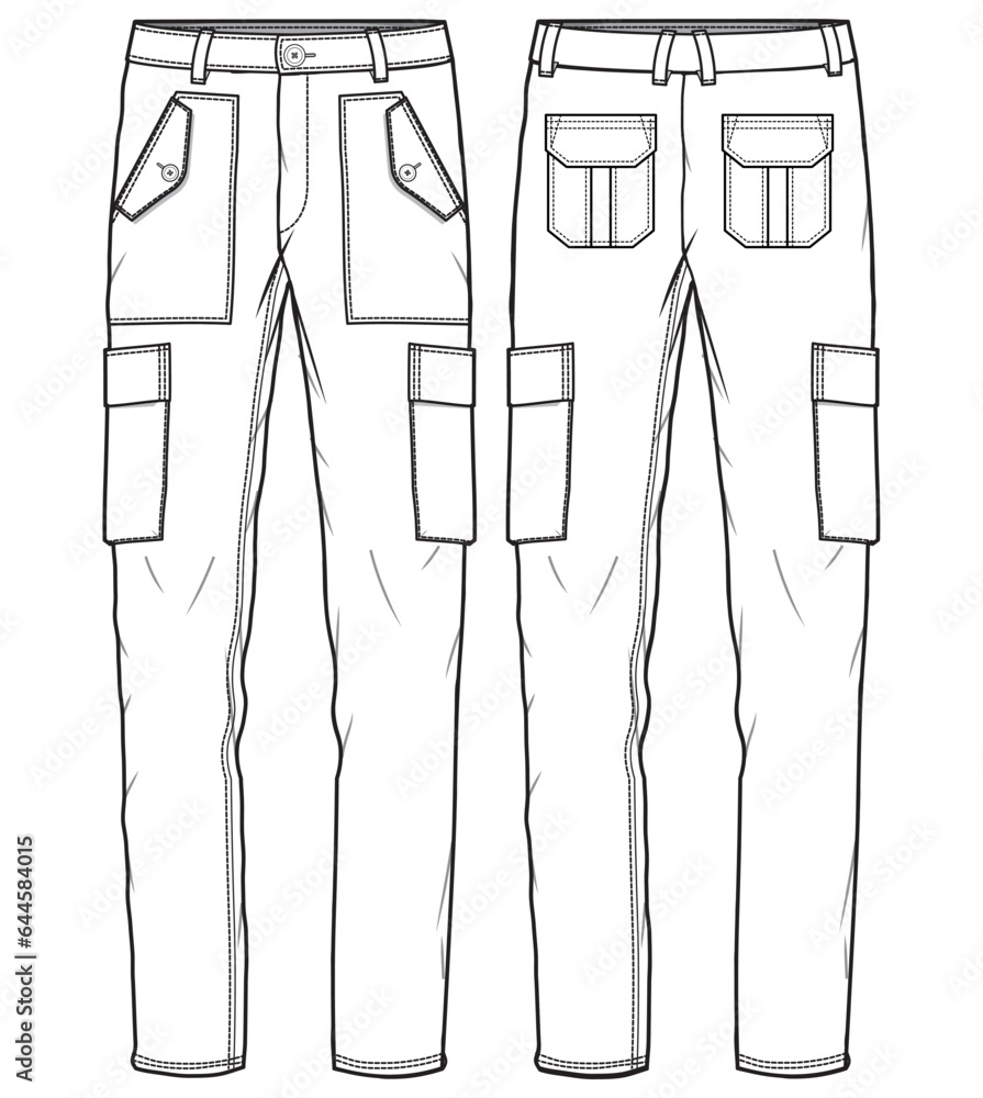 Men's Cargo pant design front and back view flat sketch fashion ...