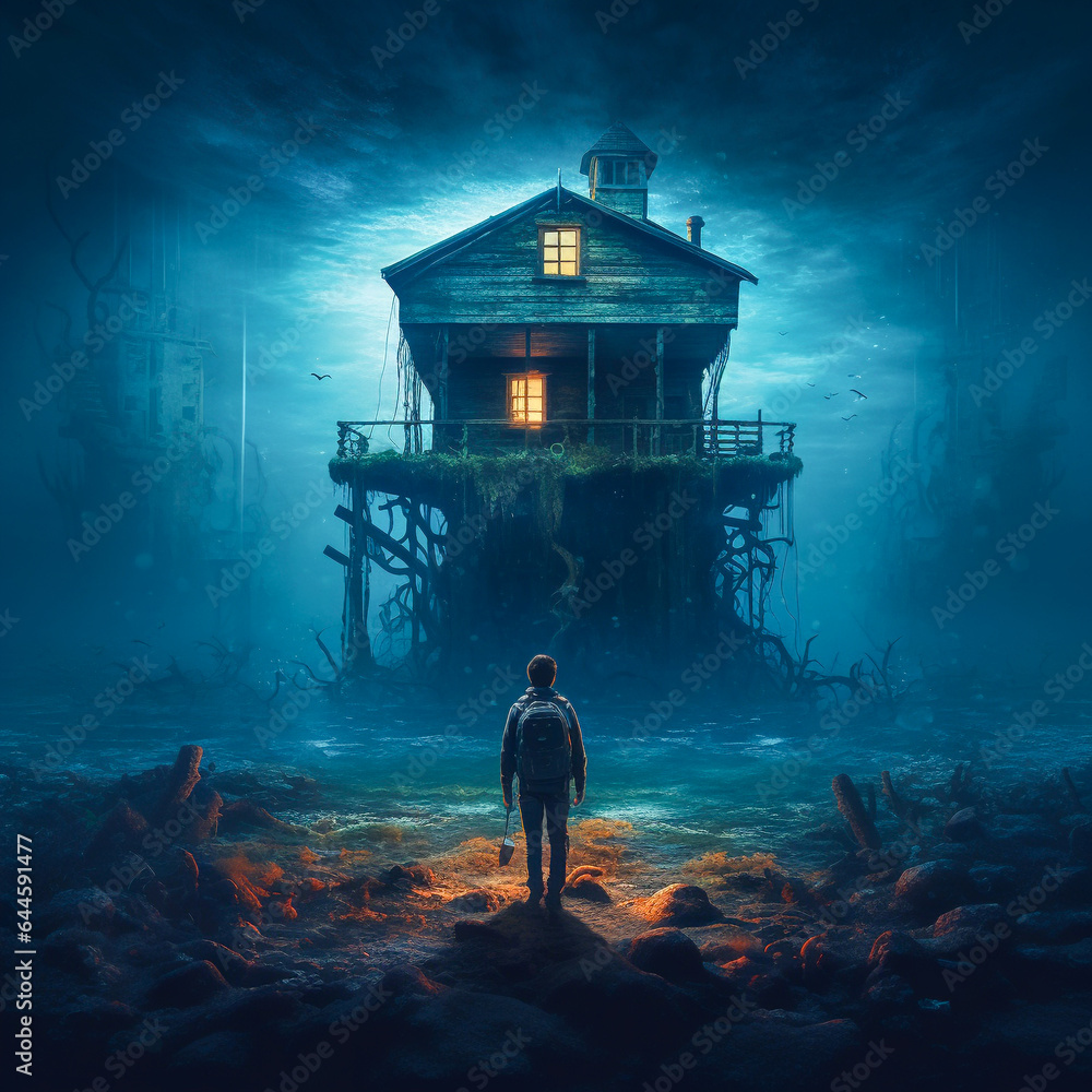 Mysterious abandoned house in deep sea, anxious dark fantasy ...