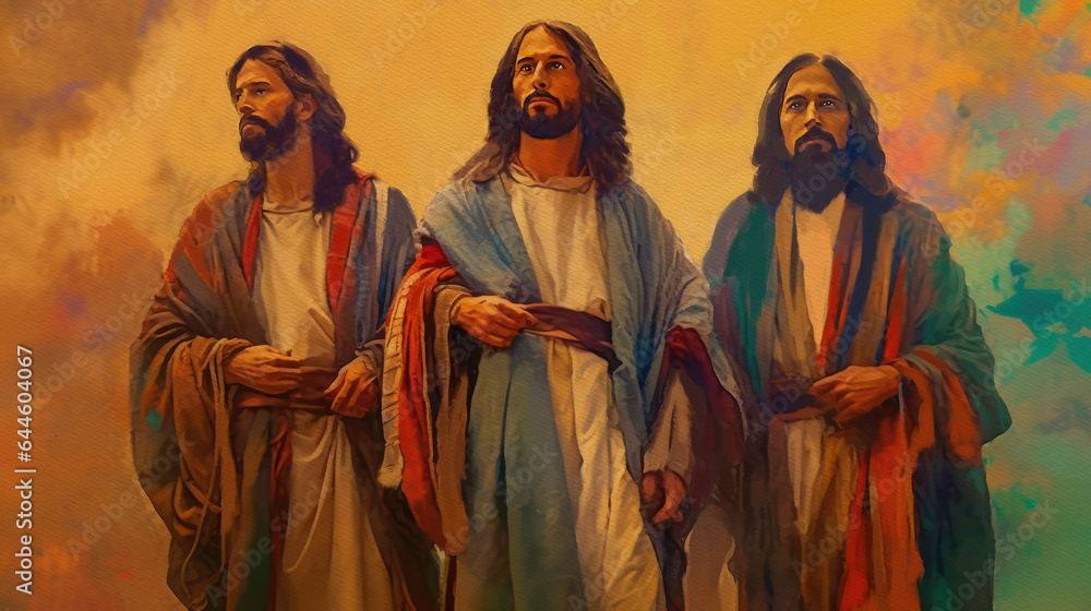 Jesus with two disciples on the way to Emmaus. Biblical illustration ...