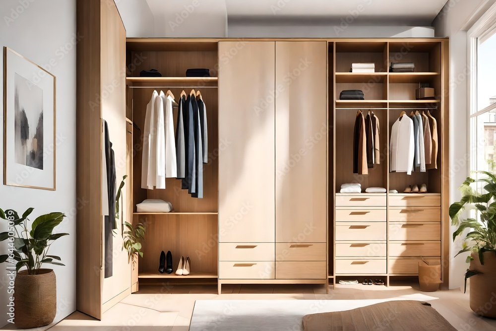 An open wardrobe made of sleek, modern materials stands against a ...
