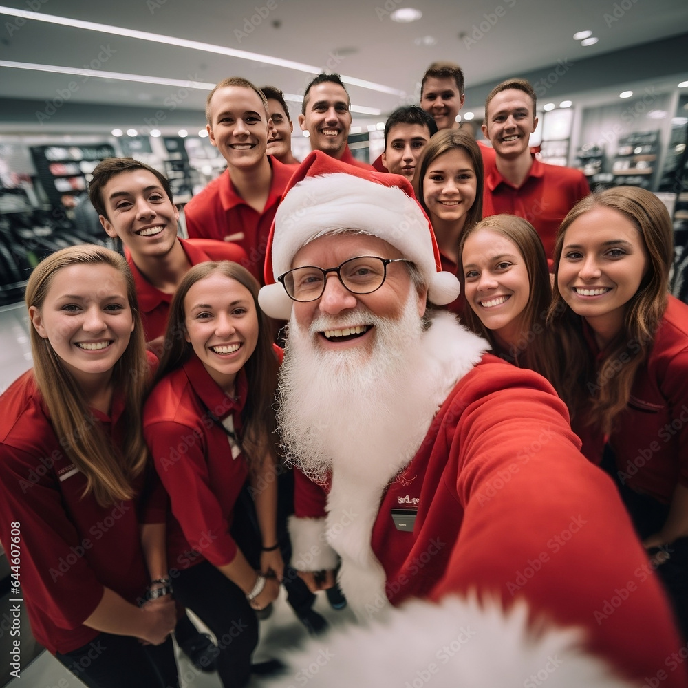 Santa Claus taking a selfie with retail workers in an electronics store ...