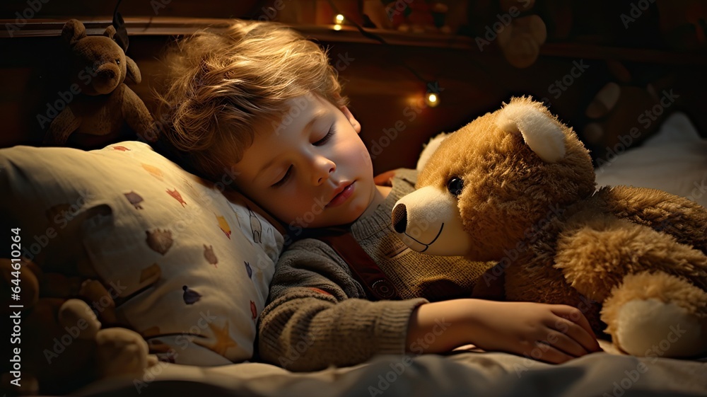 a sleeping child on a bed, surrounded by cuddly soft toys, in a light ...