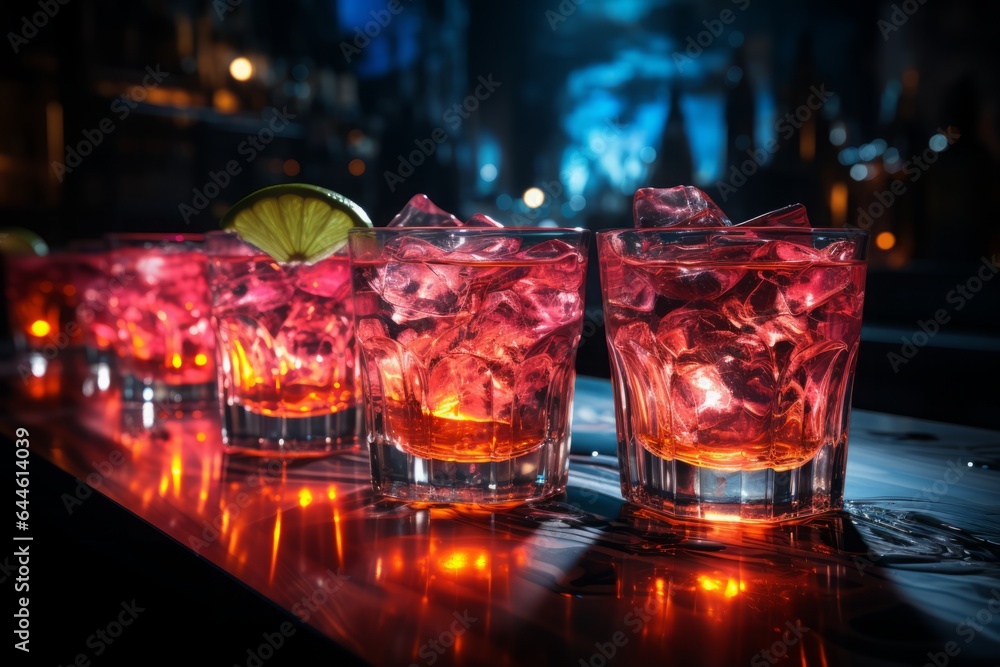 Basking under bar lights, neon pink cocktails glow luminously ...