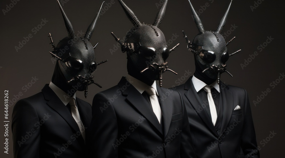 A mysterious and haunting scene of a group of black-clad men wearing ...