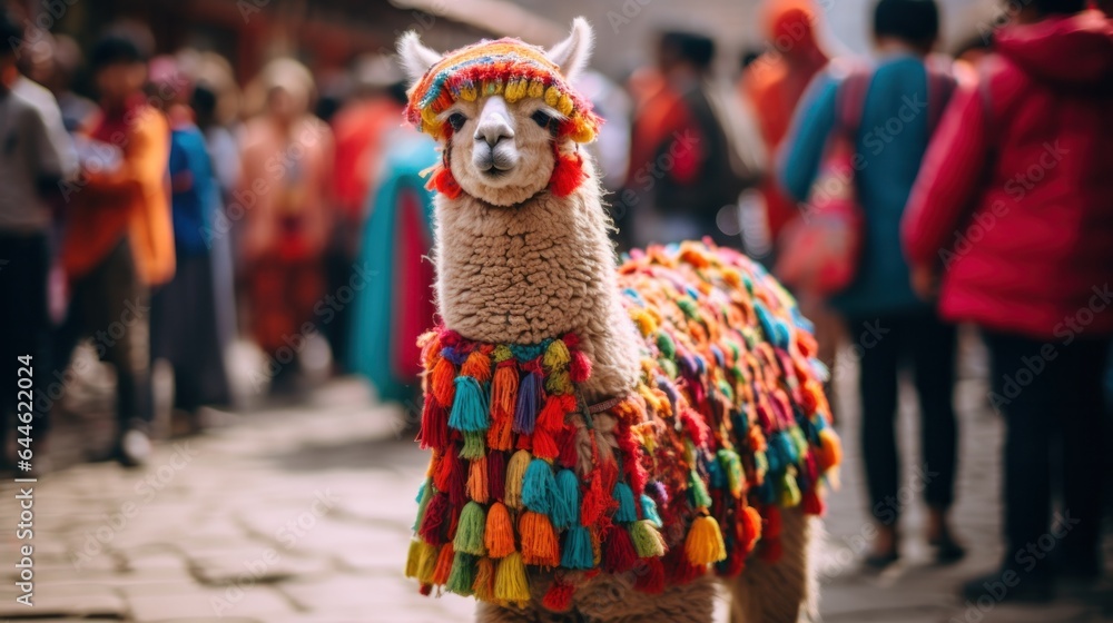 A llama wearing a vibrant hat stands confidently on the ground ...