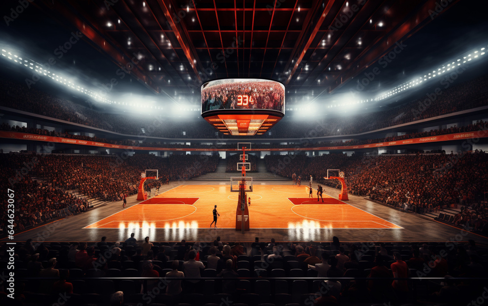 Basketball court with people fan. Sport arena. Photoreal 3d render ...