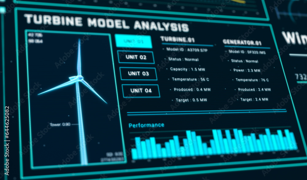 Futuristic wind turbine energy control center interface design, digital ...