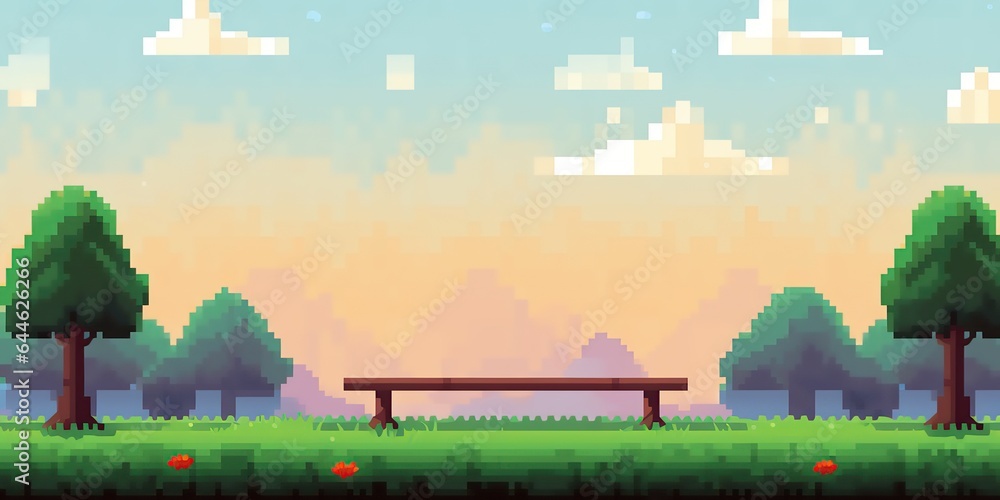Pixel art arcade game scene with trees, clouds, board, stones, 8bit ...