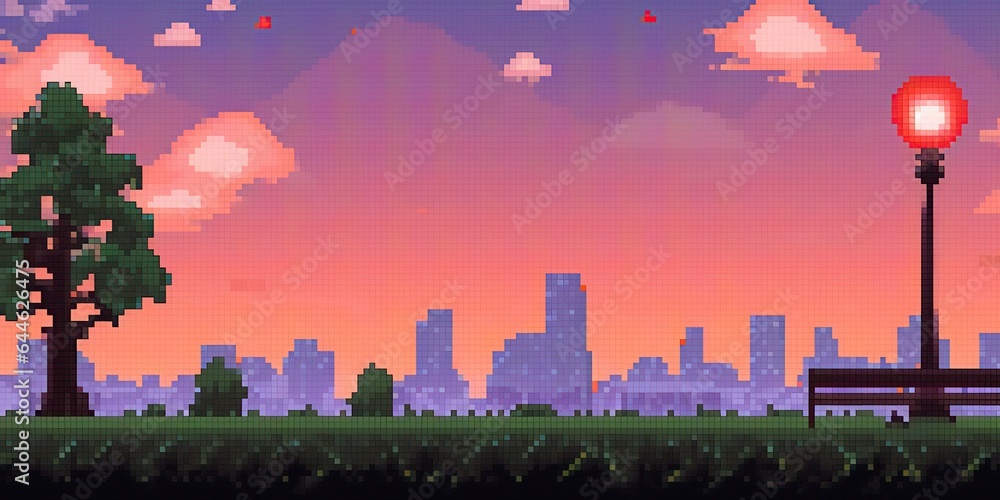 Pixel art arcade game scene with trees, clouds, board, stones, 8bit ...