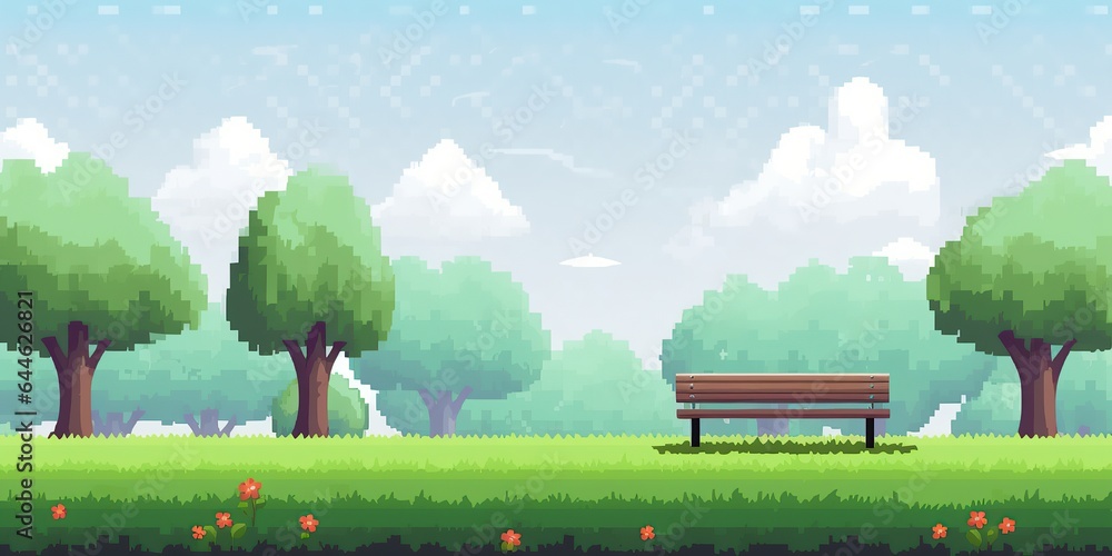 Pixel art arcade game scene with trees, clouds, board, stones, 8bit background. Tree and bush ...