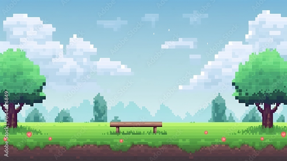 Pixel art arcade game scene with trees, clouds, board, stones, 8bit background. Tree and bush ...