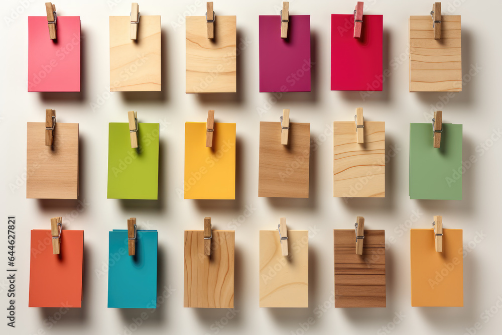 Shaded wooden wood pegs with sticky post-it note paper with shadow ...