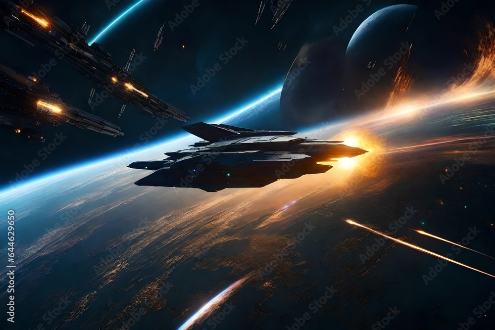an intense space battle between futuristic spacecraft, lasers, and ...
