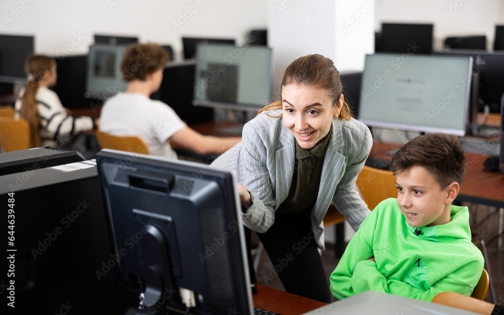 Female teacher and her student, young boy, looking at monitor of PC ...