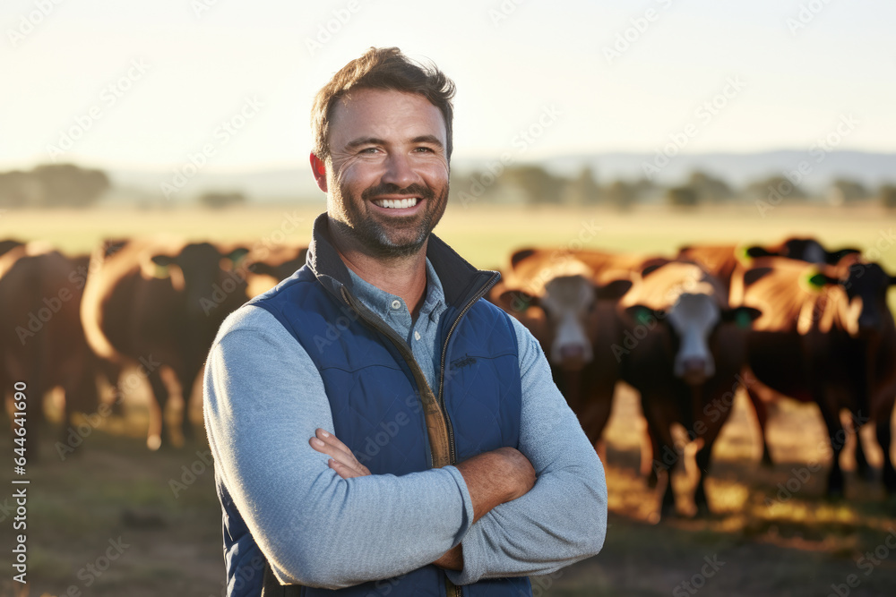 Man confidently stands in front of herd of cows. This image can be used ...