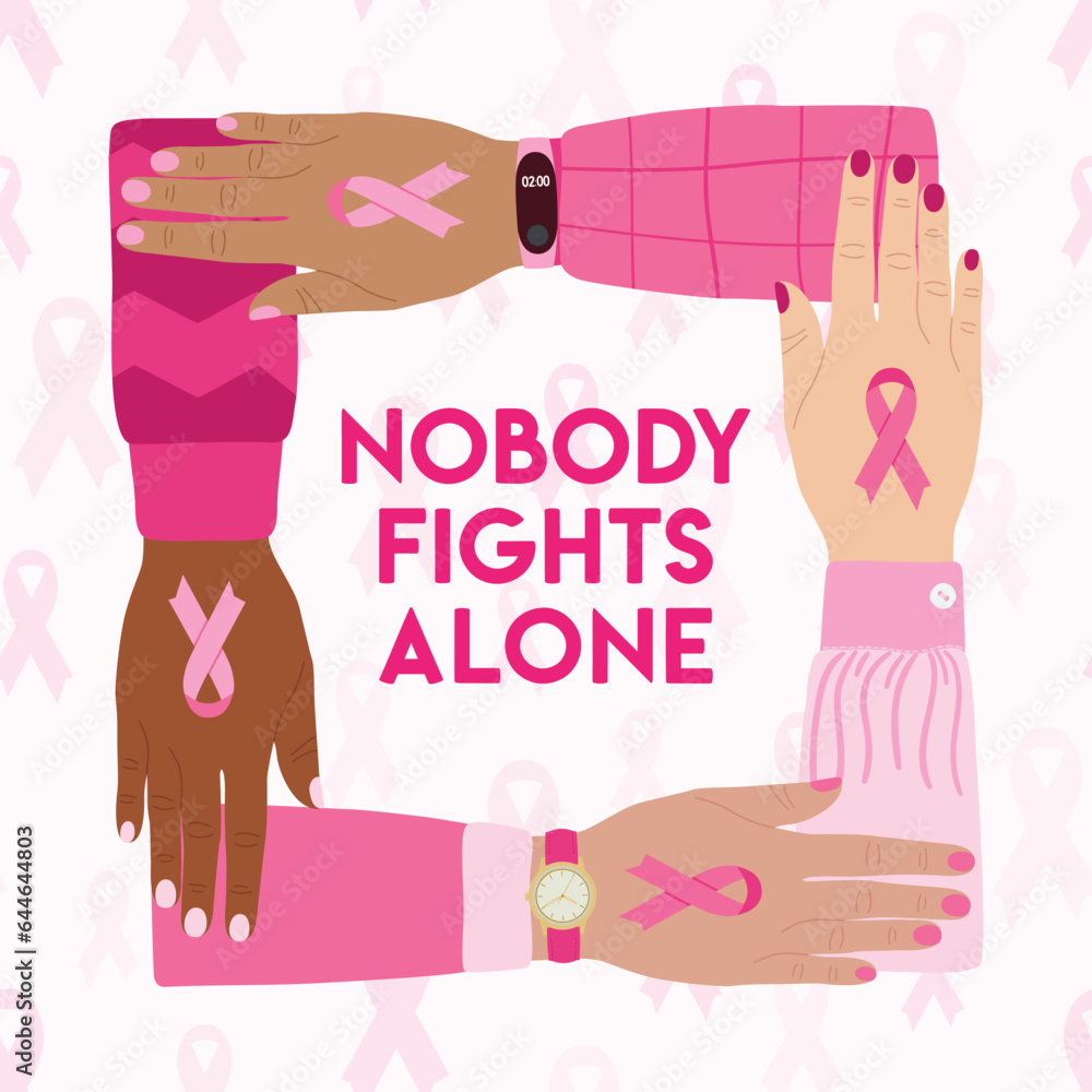 Breast Cancer Awareness Month. Female hands stacking together with pink ...