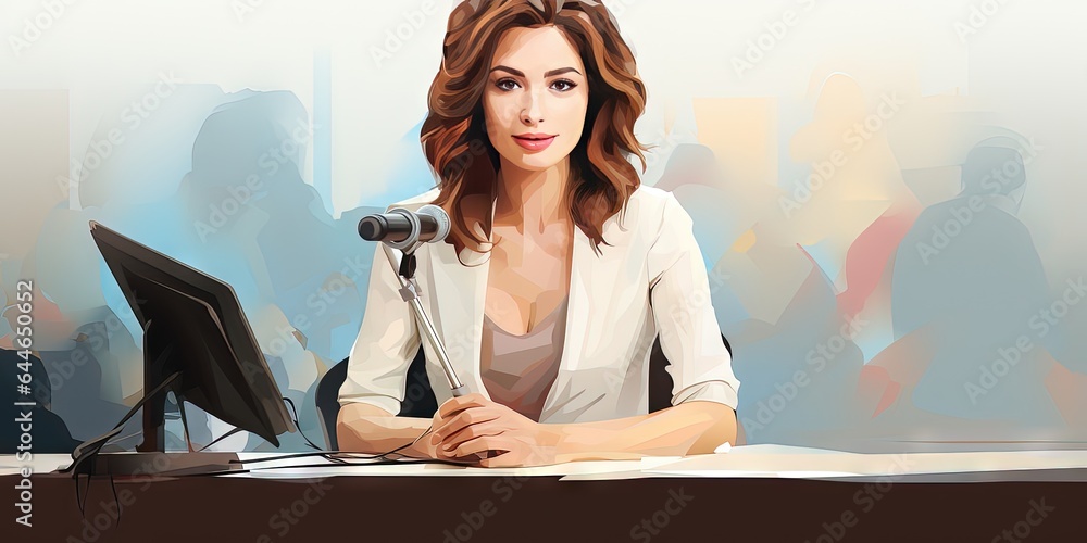 2D professional illustration of a reporter at a press conference ...