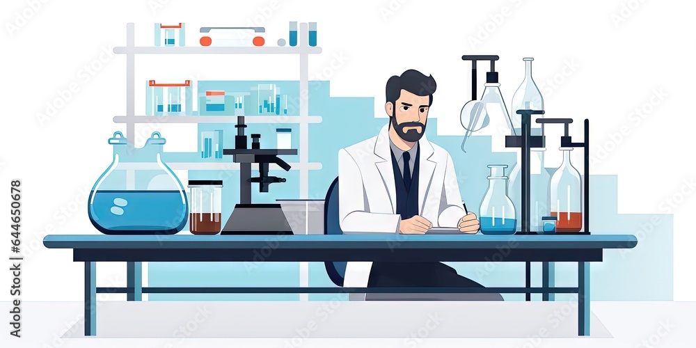 2D professional illustration of a scientist working in the science lab ...