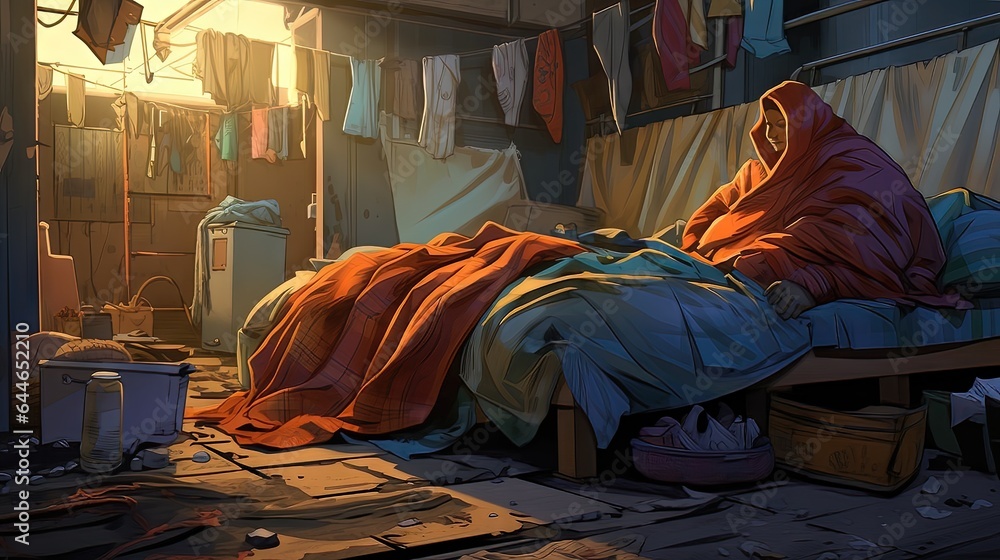 Poverty and homelessness digital illustration, computer-generated to ...