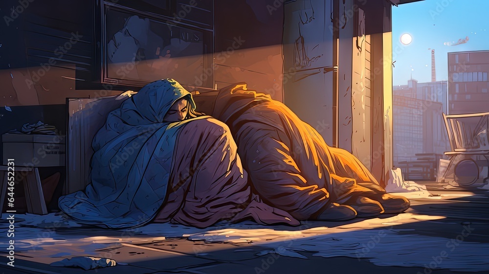 Poverty and homelessness digital illustration, computer-generated to ...