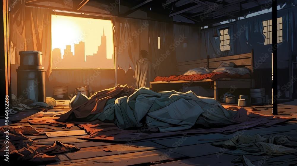 Poverty and homelessness digital illustration, computer-generated to ...