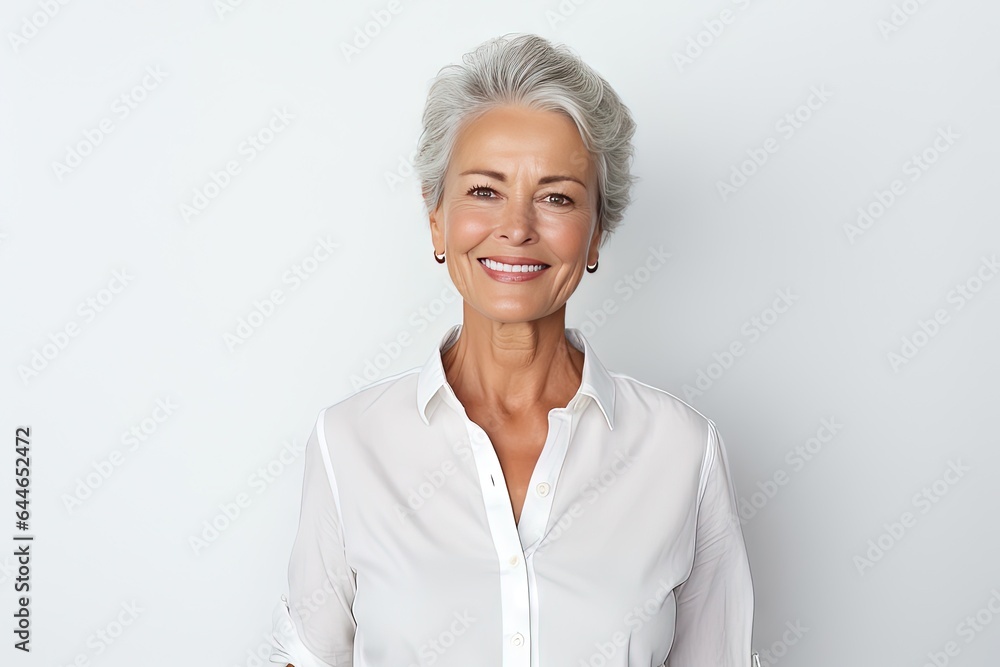 smiling friendly and happy older white woman (female model) posing ...