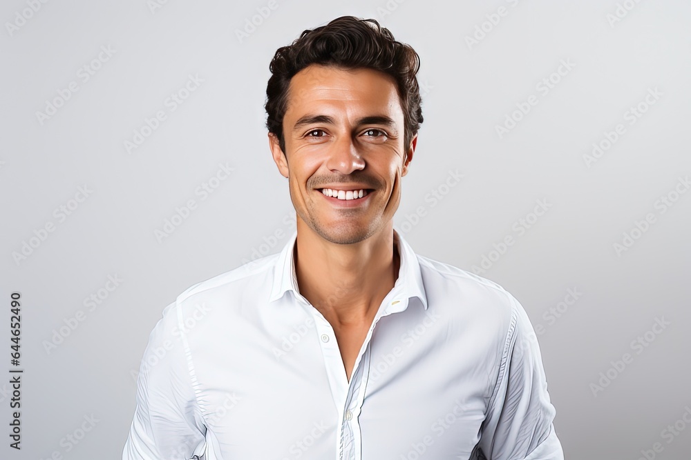 smiling friendly and happy latino man (male model) posing against a ...