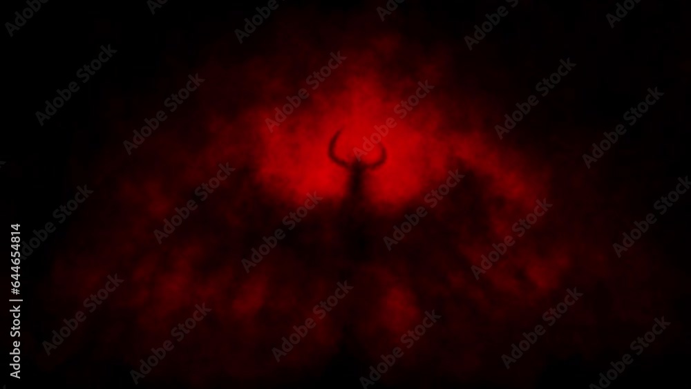 Horned demon stands inside gloom 2D animation. Spooky dark angel ...