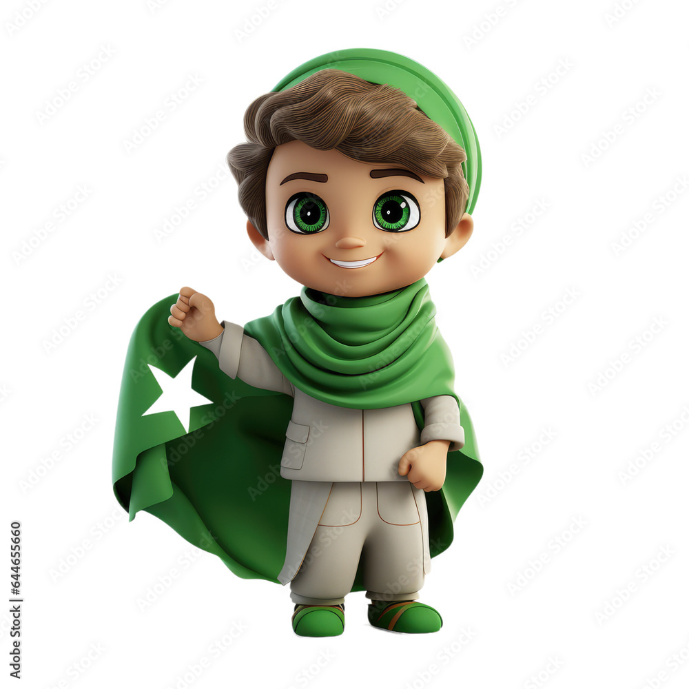 3d kids in Pakistan dress, smiling, Pakistan Flag wrapped on body ...