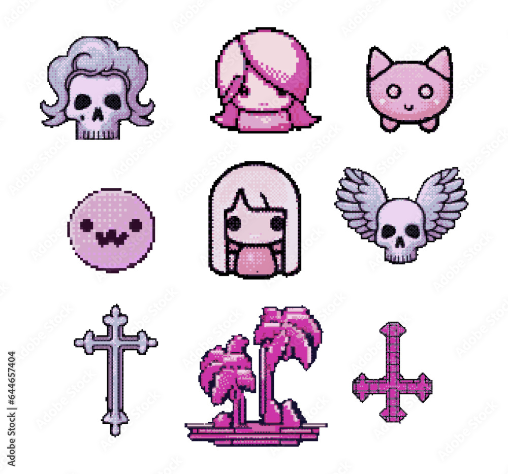 Set of pastel goth vaporwave style stickers with crosses, skulls and ...