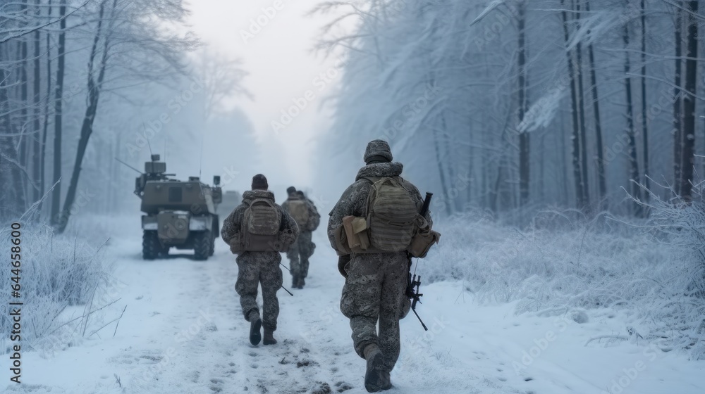 Rear view, Group of infantry soldiers in uniforms walking over snow ...