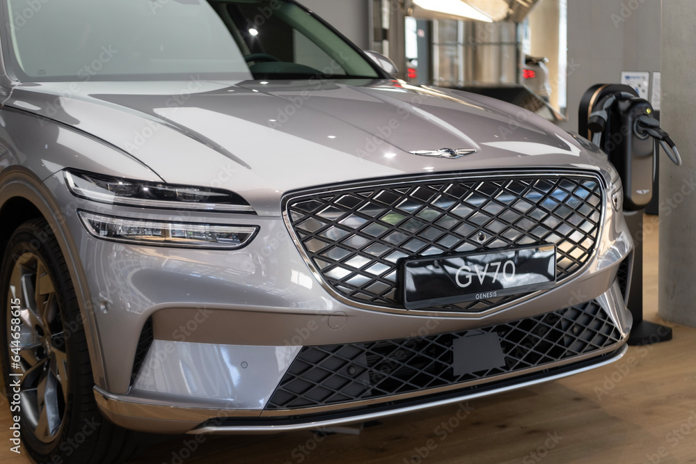 grey electric Hyundai Genesis GV70 in Studio, popular korean passenger ...