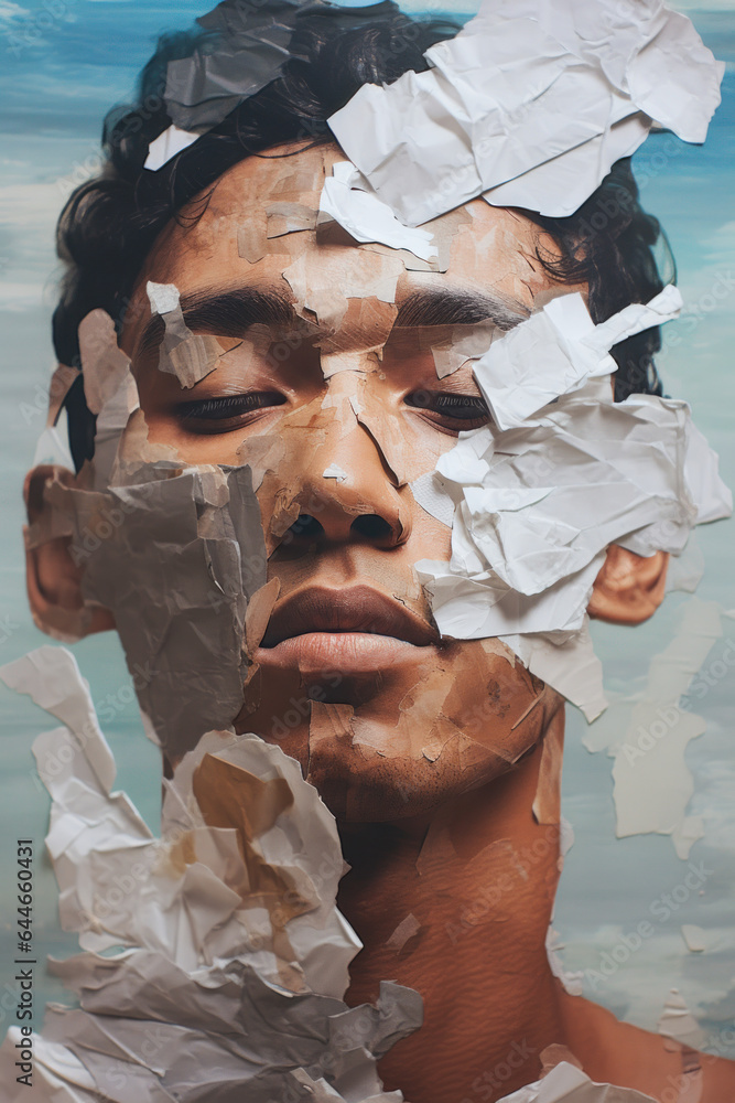 collage of a brown-skinned Mexican young man half hidden by scraps of ...