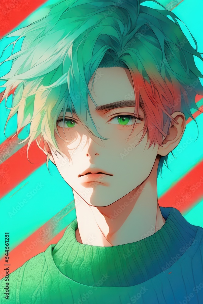 Cute anime boy with bright multicolored hair. Bright multicolored ...