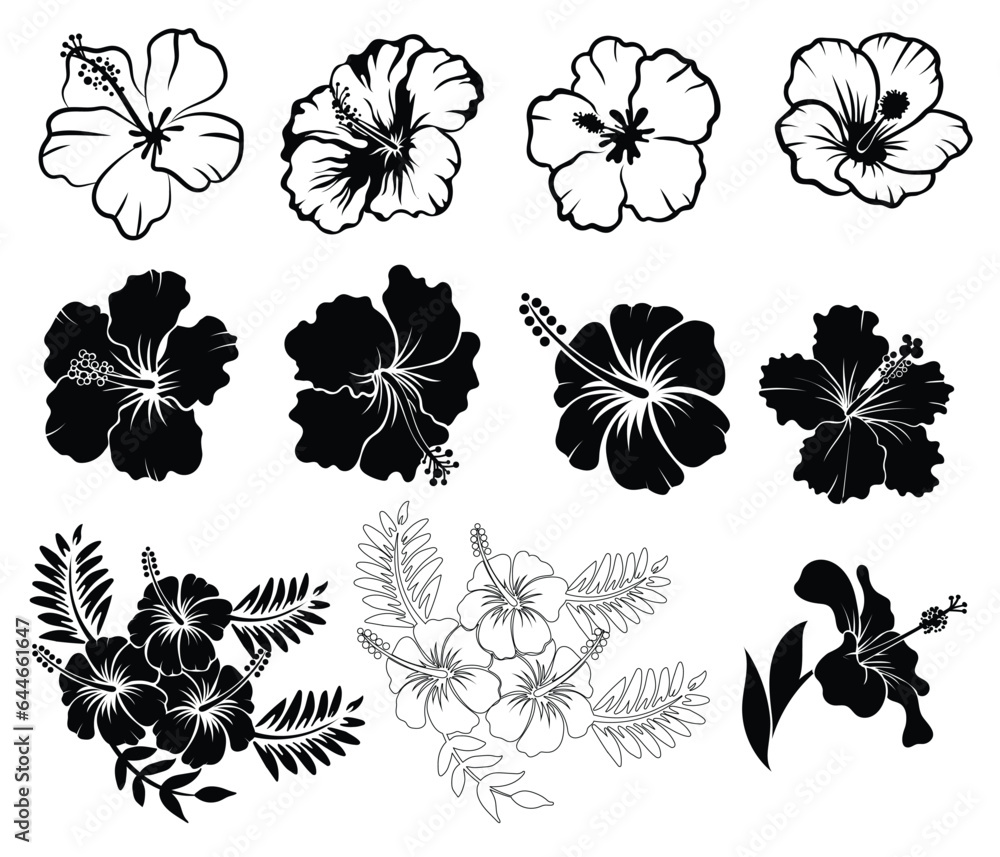 Vetor de Collection of Hibiscus flower silhouettes, outlined vetor ...