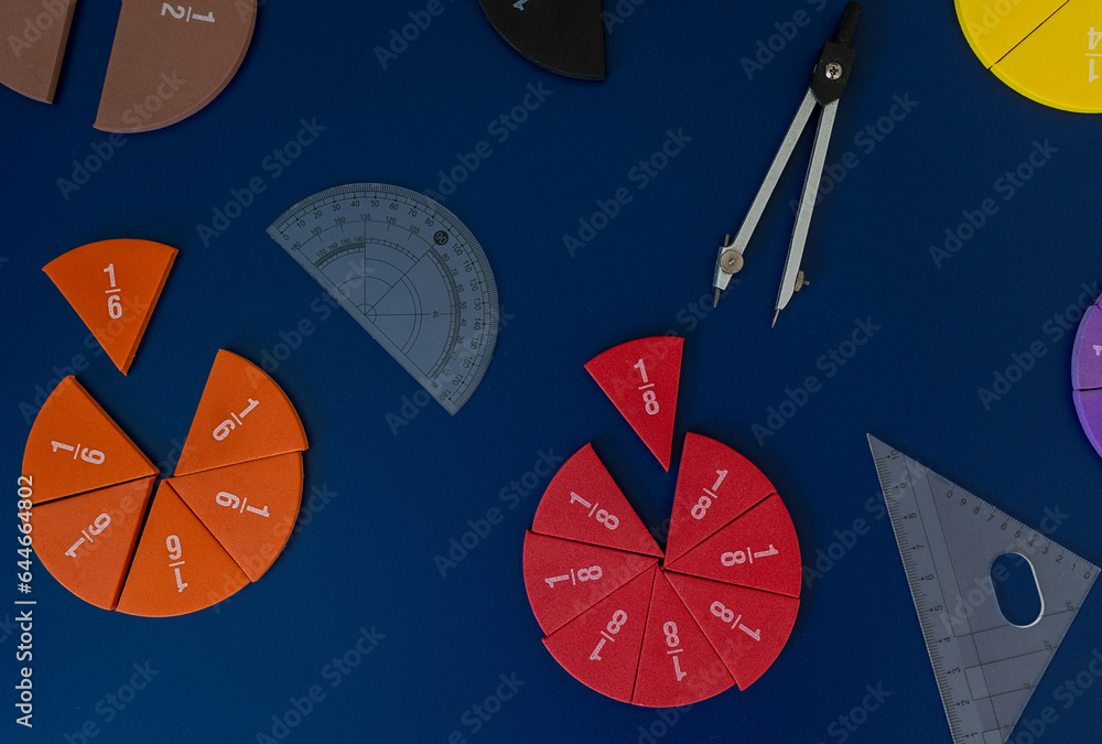 Сolorful math fractions on blue background. interesting math for kids ...