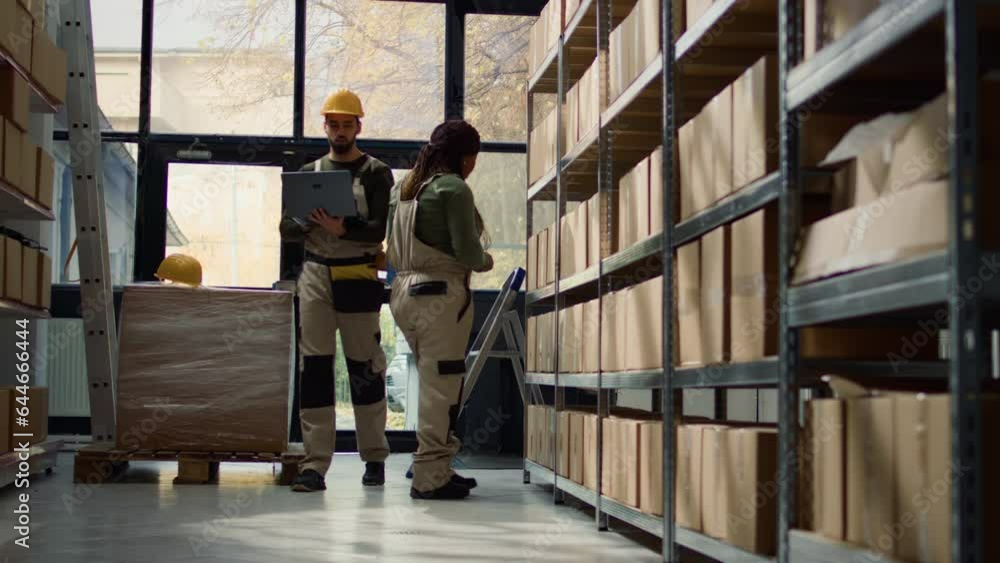 Experienced employees walking through warehouse aisles checking labels ...