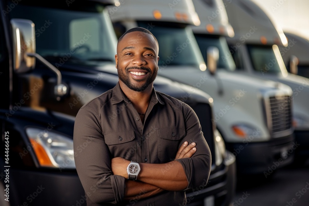 Generative AI : An African truck driver stood resting and smiling ...