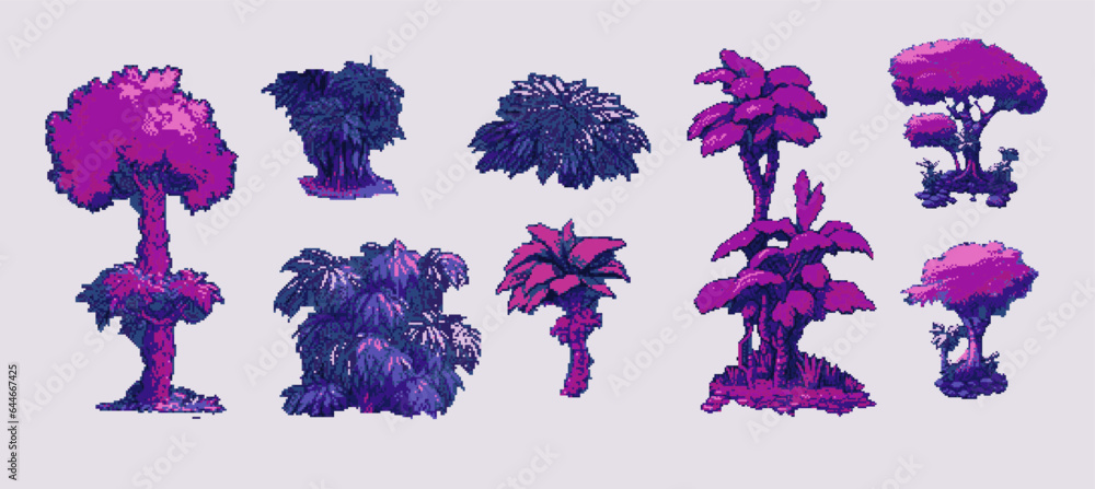Pixel art video game asset with various trees. Retro 8-bit style vector ...