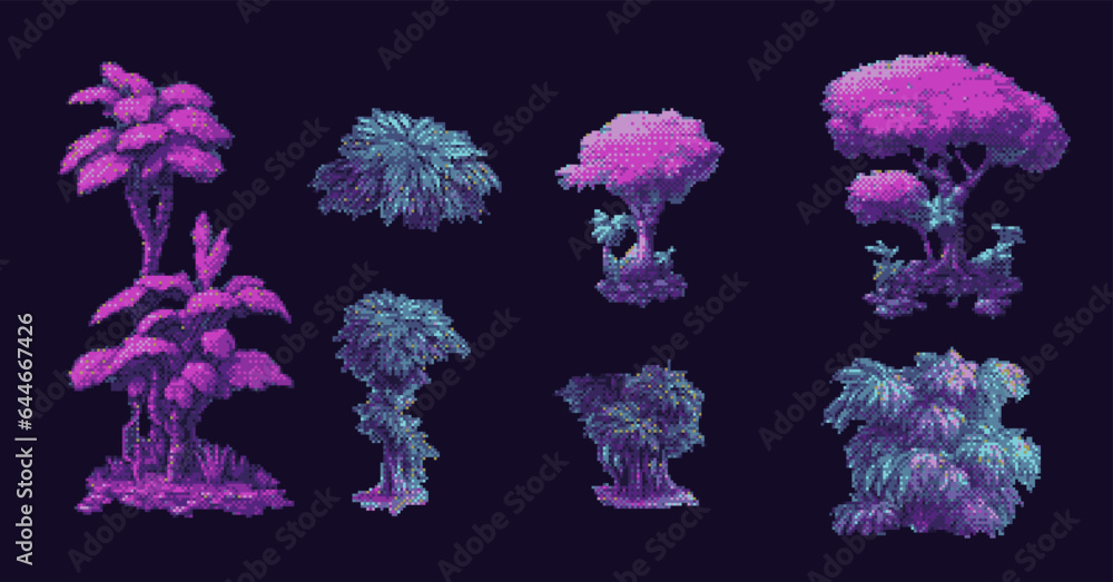 Pixel art video game asset with various trees. Retro 8-bit style vector ...