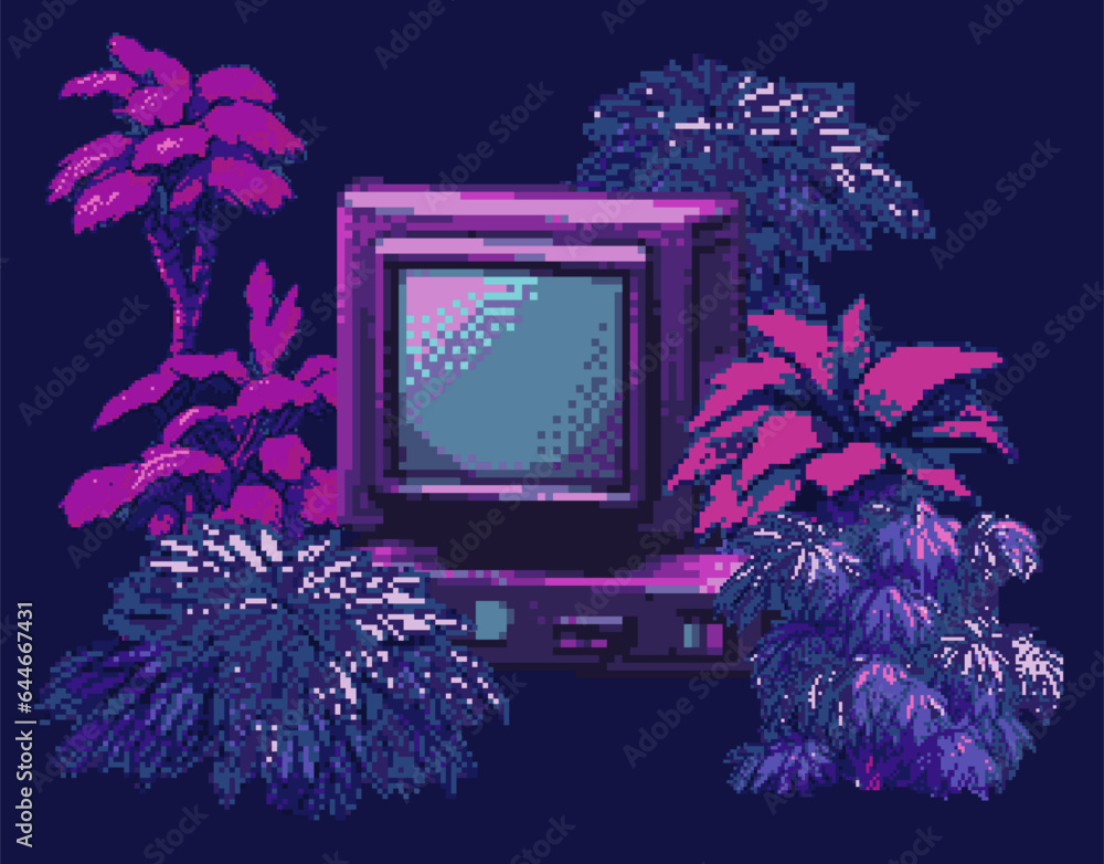 Pixel art icon of an old retro TV or a computer surrounded by fern ...