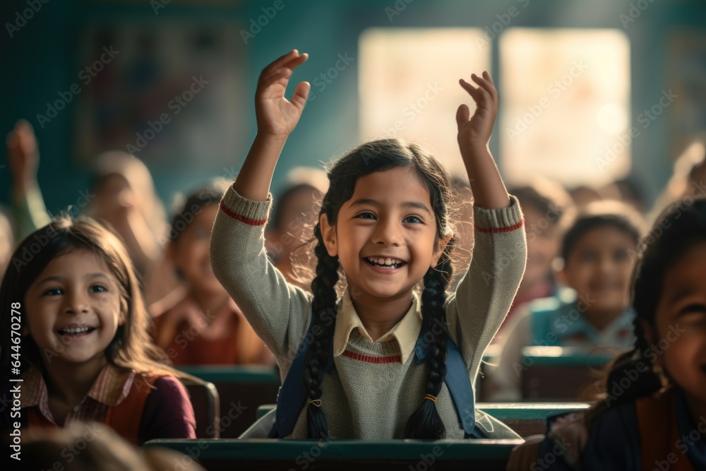 As children raise their hands in class, they smile brightly and raise ...
