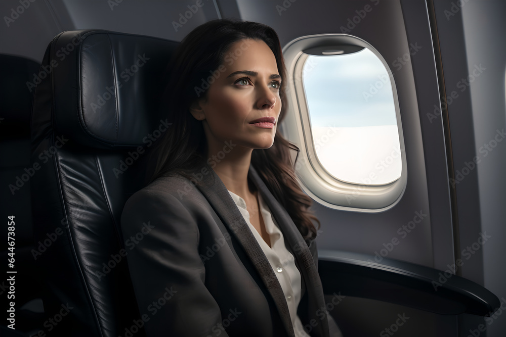 Portrait of business woman in a formal suit on an airplane seated in ...