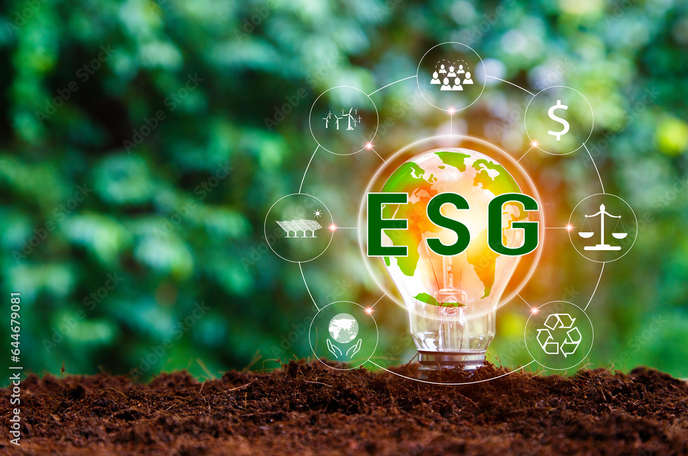 Energy Renewable sustainable. ESG icon in bulb on nature green grass ...