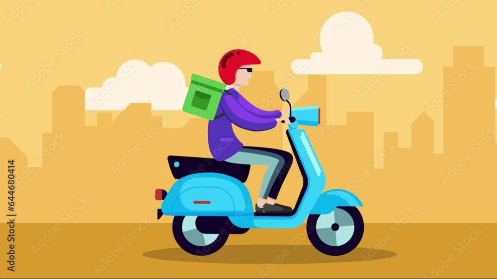 2D animation of a scooter delivery man with a backpack on his back and ...