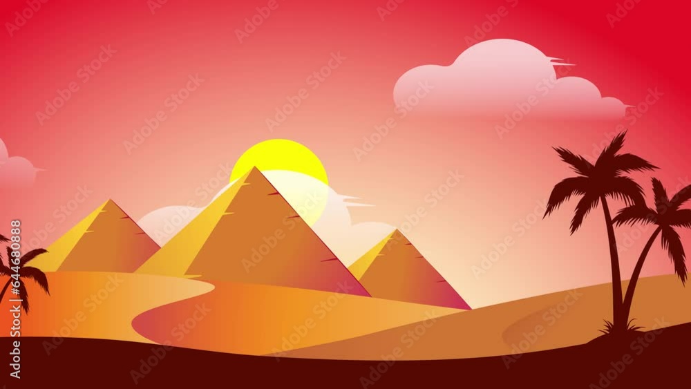 2D animation of the pyramids of egypt. sunrise at the pyramids of egypt ...