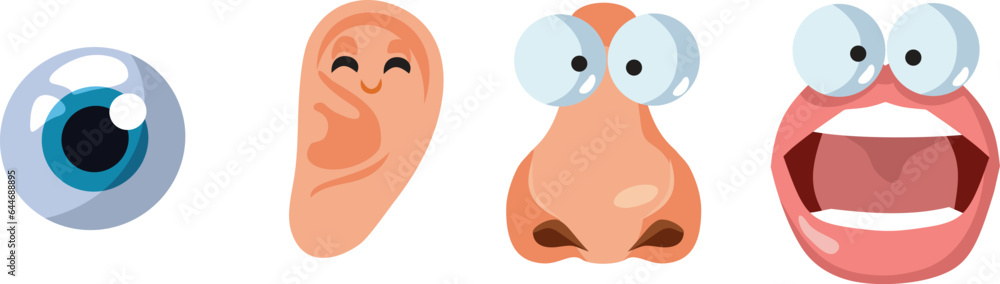 Four Senses Vector Cartoon Drawing Illustration Set. Eye, mouth, ear ...