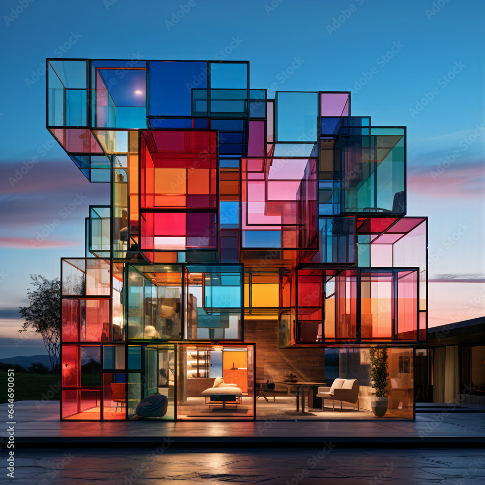 Concept of a colorful cube house in a transparent square box ...